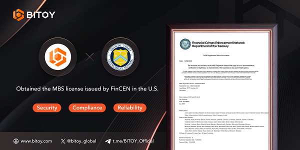 글로벌 암호화폐 거래소 비토이(BITOY),미국 ‘MSB’ 금융라이선스 공식 획득